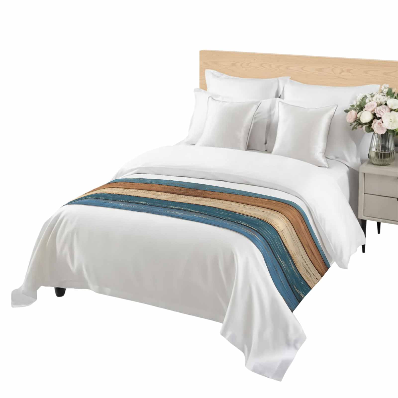 Brown Navy Blue Wood Grain Bed Runner Cal King Size Striped Farm ...