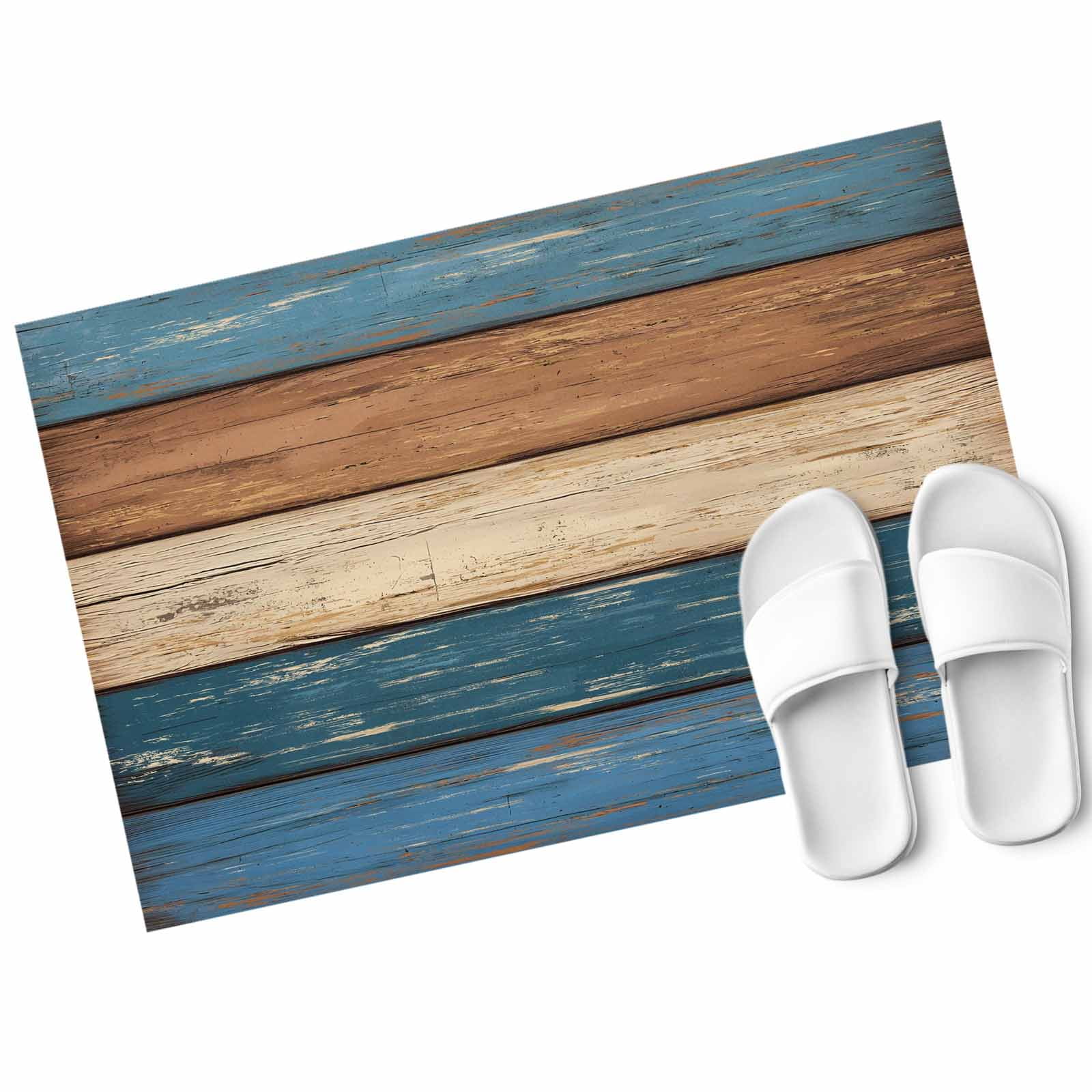 Brown Navy Blue Wood Grain Door Mat Striped Farm Country Style Non Slip ...