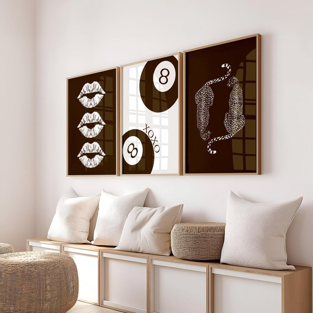 Brown Navy Retro 8 Ball Cheetah Kiss Lips Dorm Wall Art Set Set 3 ...