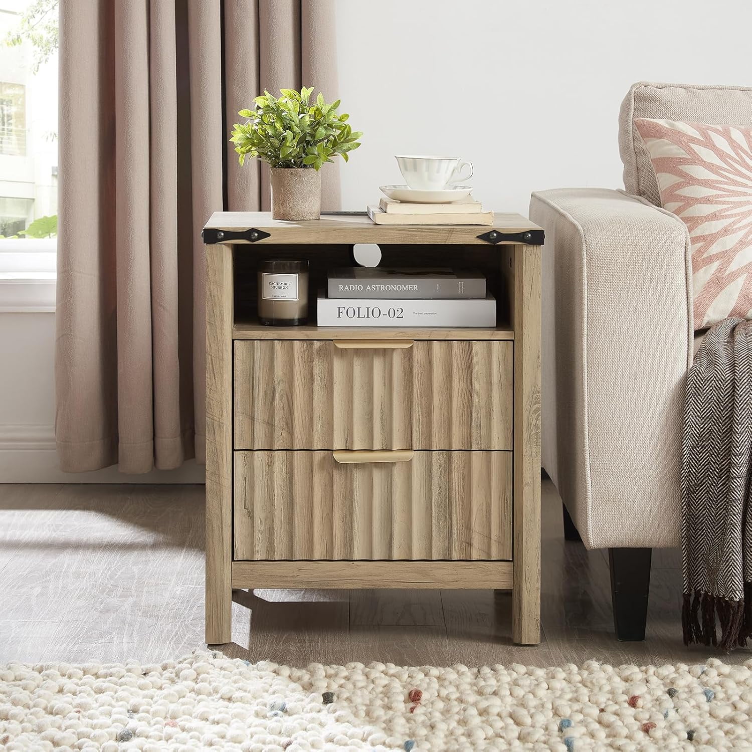 Brown Night Stand with Charging Station - 20 Inch Wide Farmhouse Fluted ...