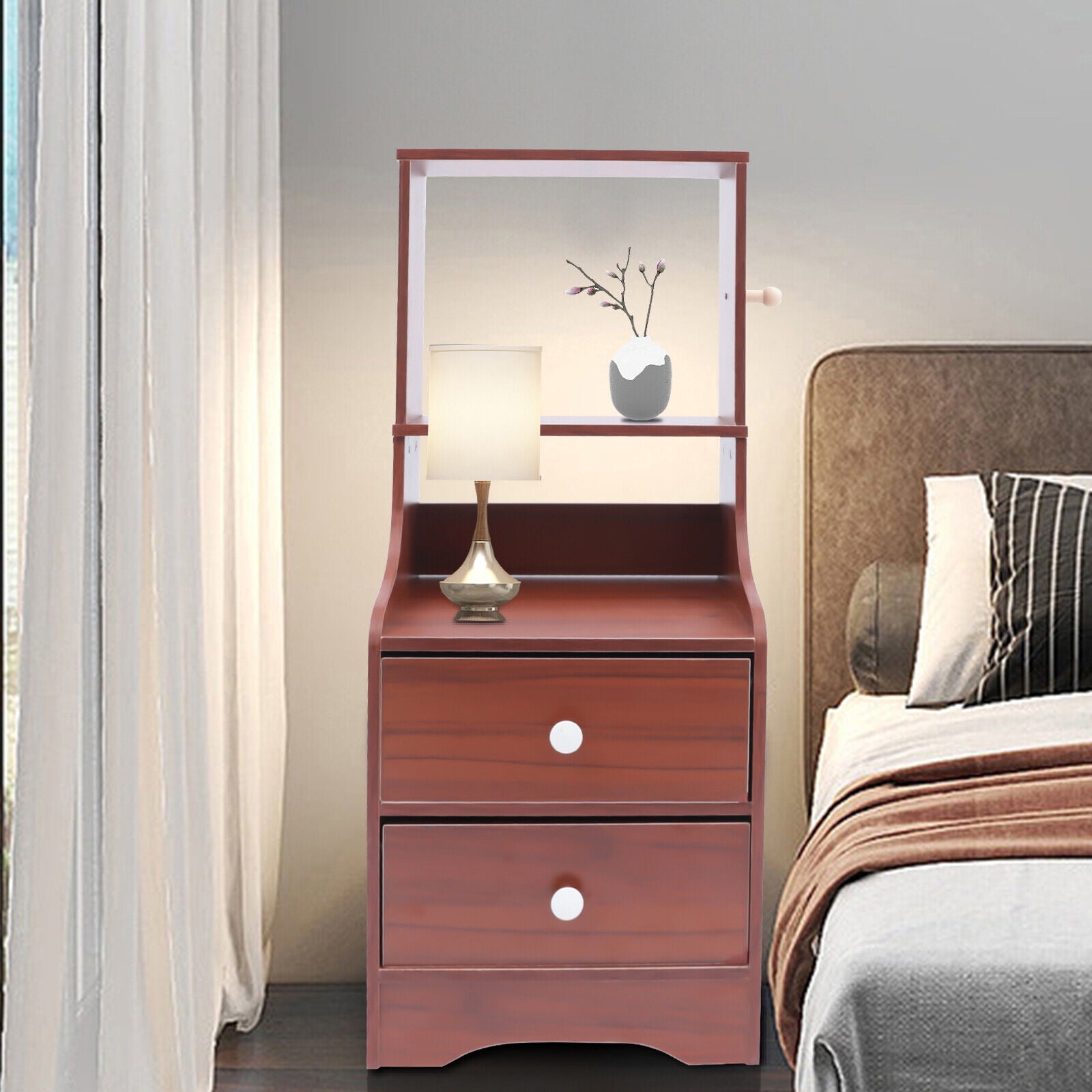 Brown Night Stand with Storage Shelf Bedroom Tall Bed End Table with 2 ...