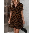Brown Notched Neck Short Sleeve Leopard Print A-Line Casual Dress For ...
