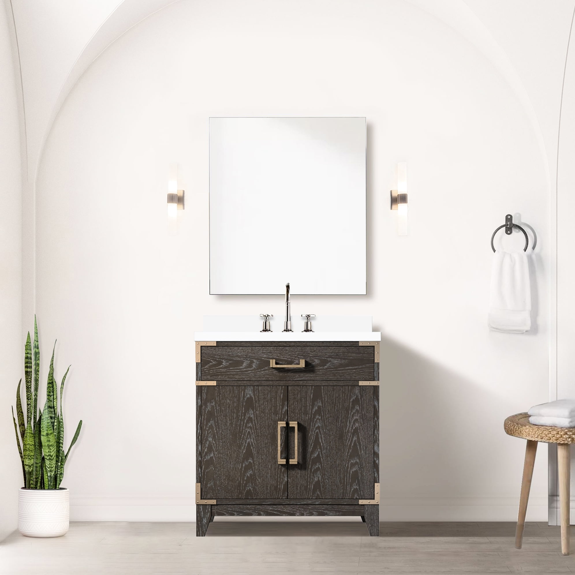 Brown Oak 30 In. X 22 Bath Vanity, White Quartz Countertop & 28 Mirror ...