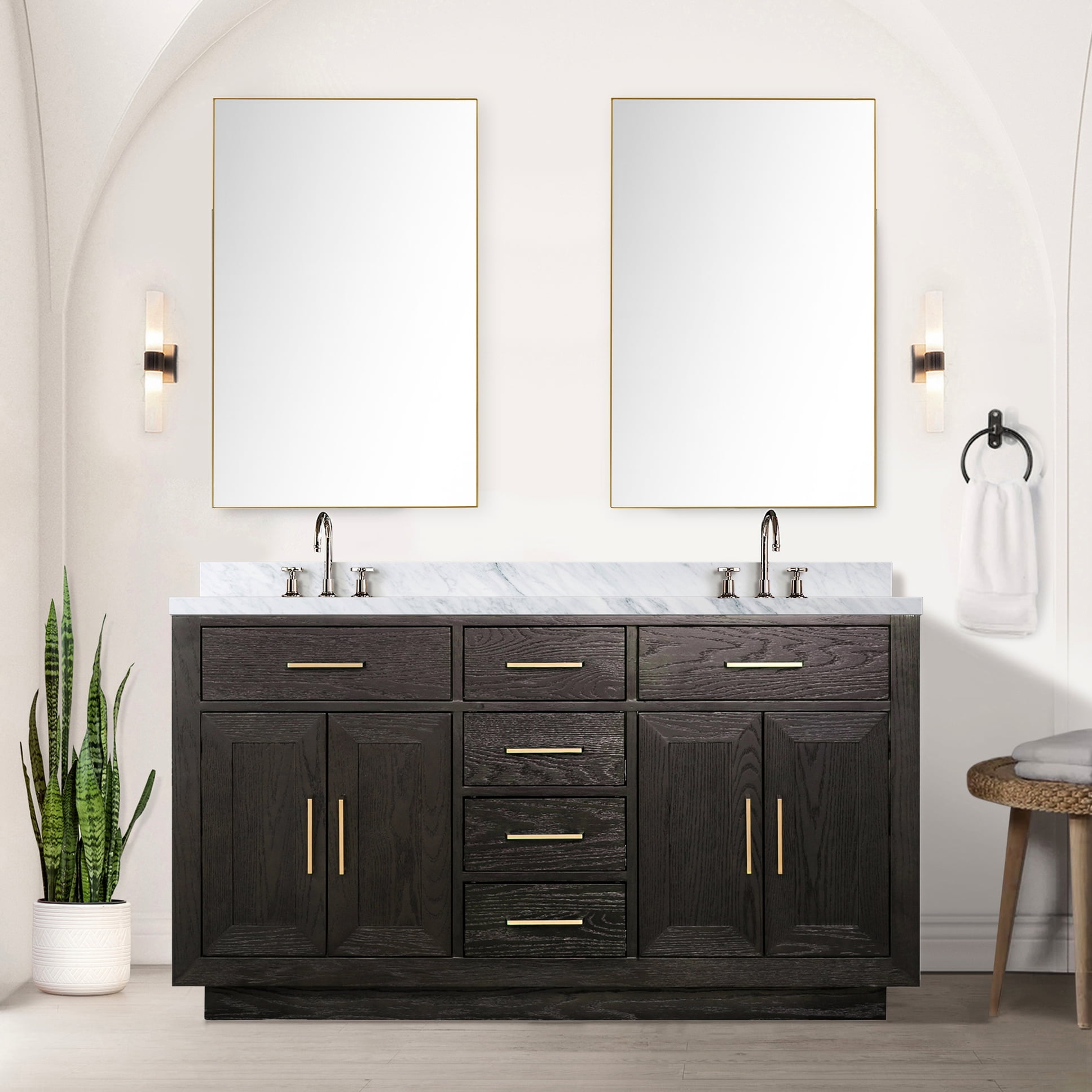 Brown Oak Double Bath Vanity , 60" W X 22" D, Marble Countertop, Faucet ...