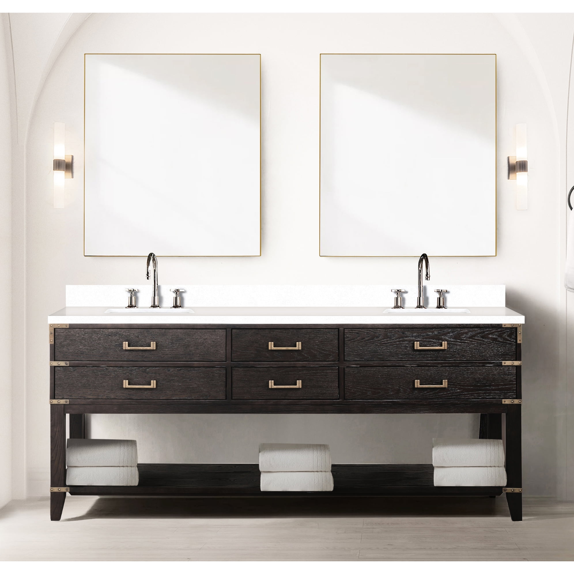 Brown Oak Double Bath Vanity 80" W X 22" D, White Quartz Top & Faucet ...