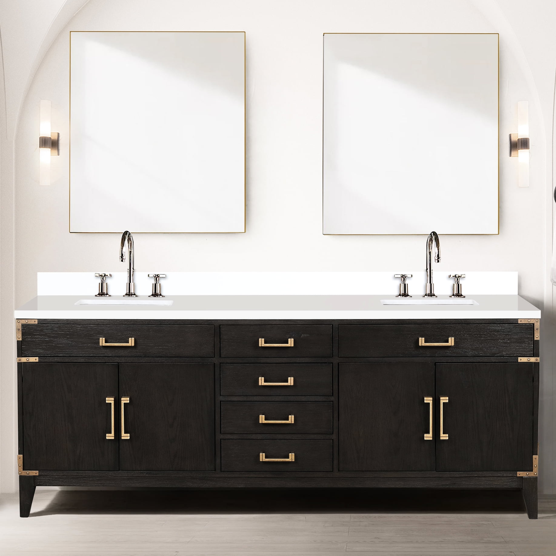 Brown Oak Double Bath Vanity 84in. X 22in. With White Quartz - Interior ...