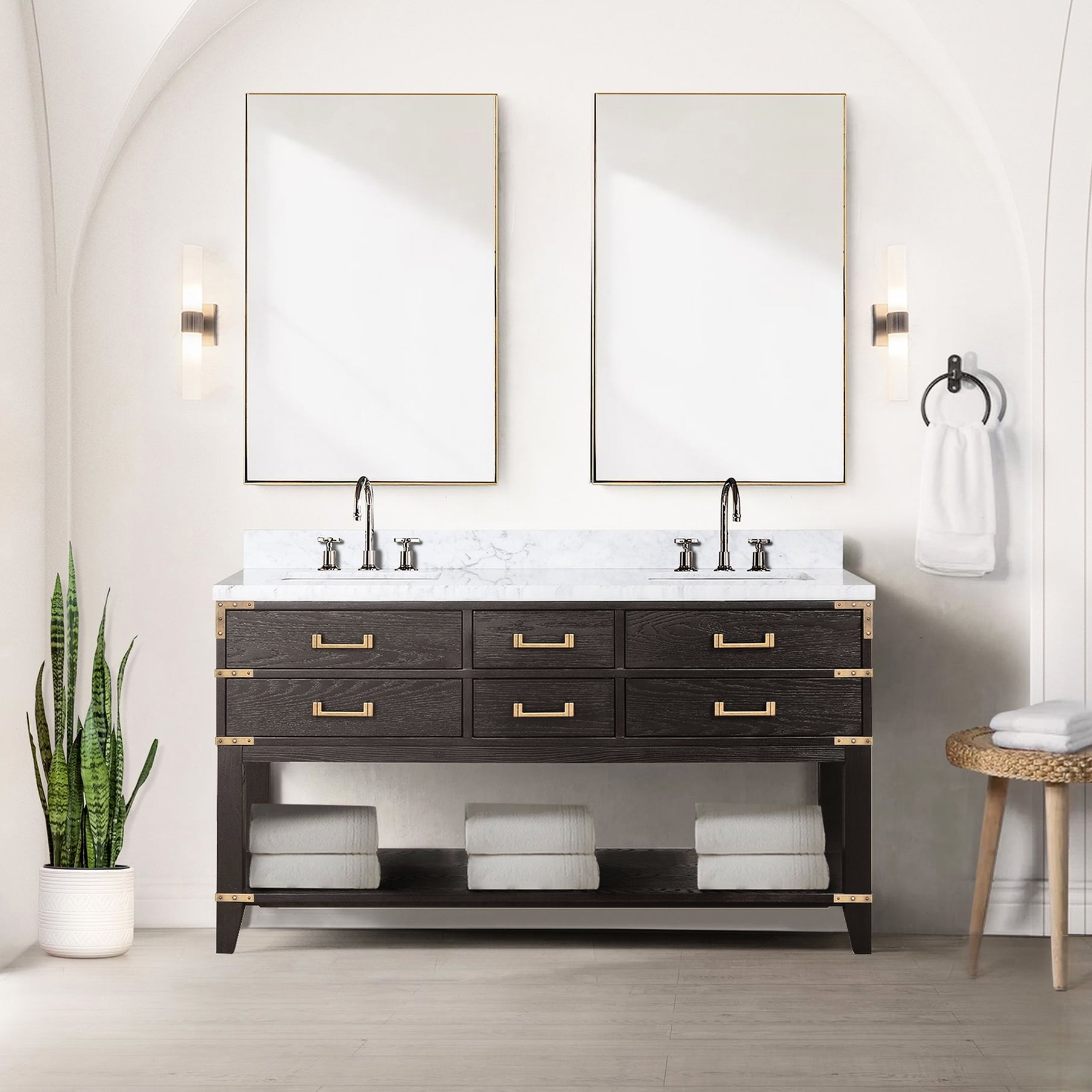 Brown Oak Double Bathroom Vanity 60 In. - 4 Drawers & Open Shelf, Soft ...