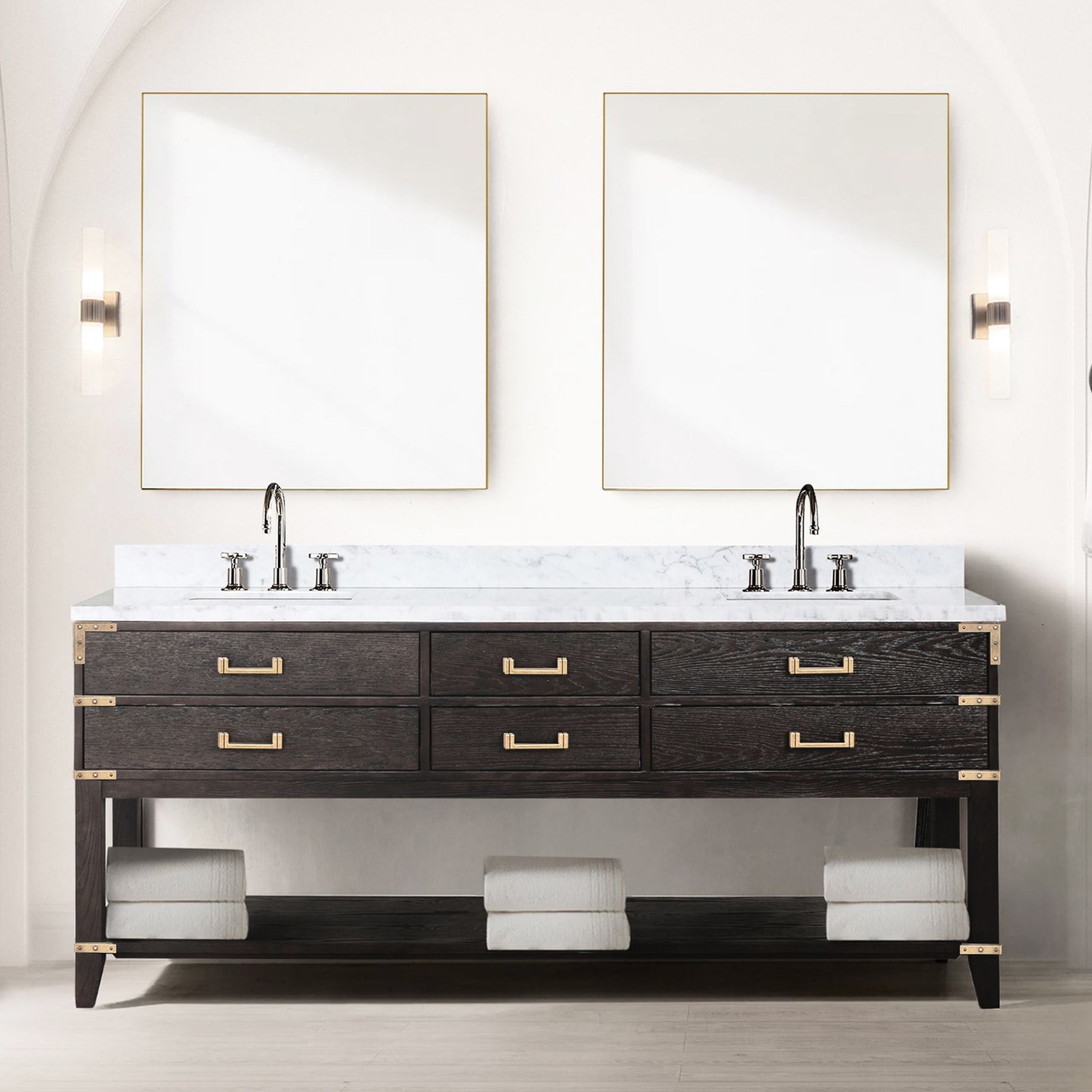 Brown Oak double vanity with Carrara Marble countertop | Multiple ...