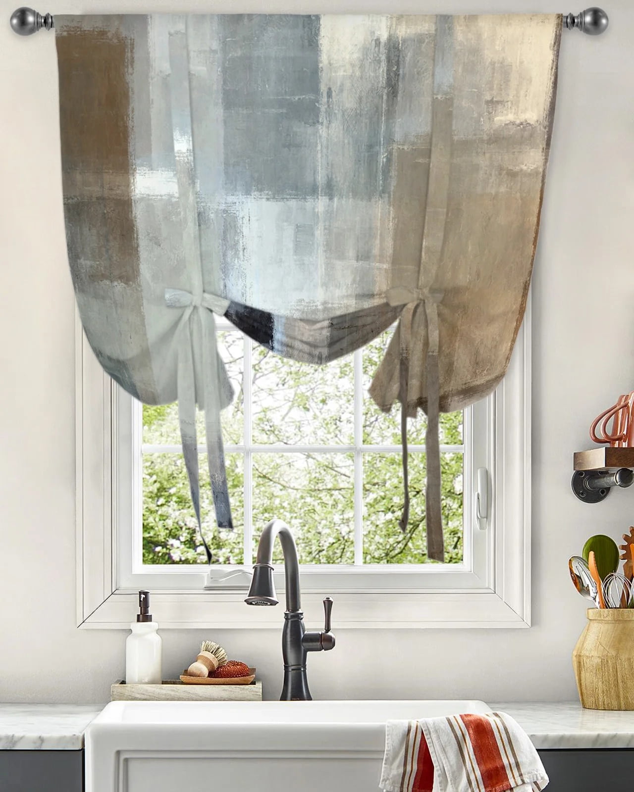 Brown Oil Painting Abstract Geometric Curtain for Living Room Kitchen Tie-up Short Curtains ...