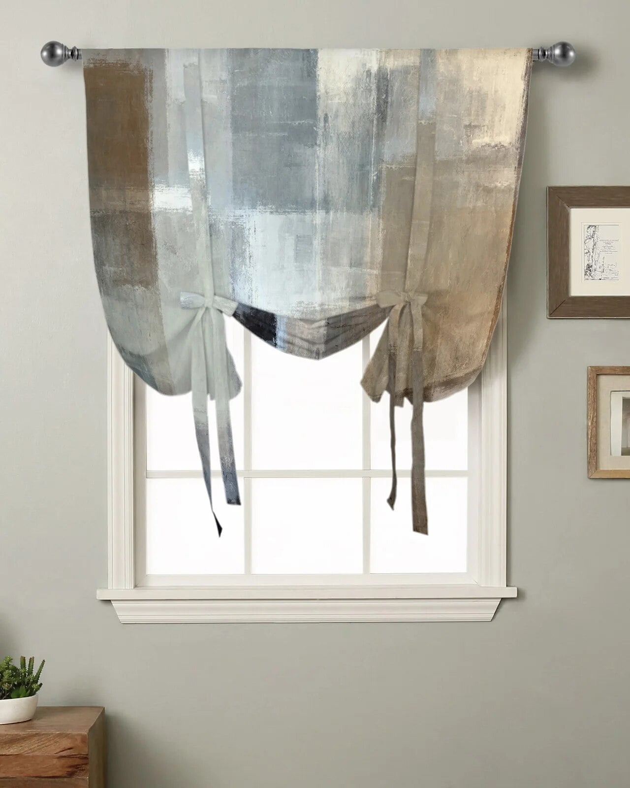 Brown Oil Painting Abstract Geometric Kitchen Short Window Curtain ...