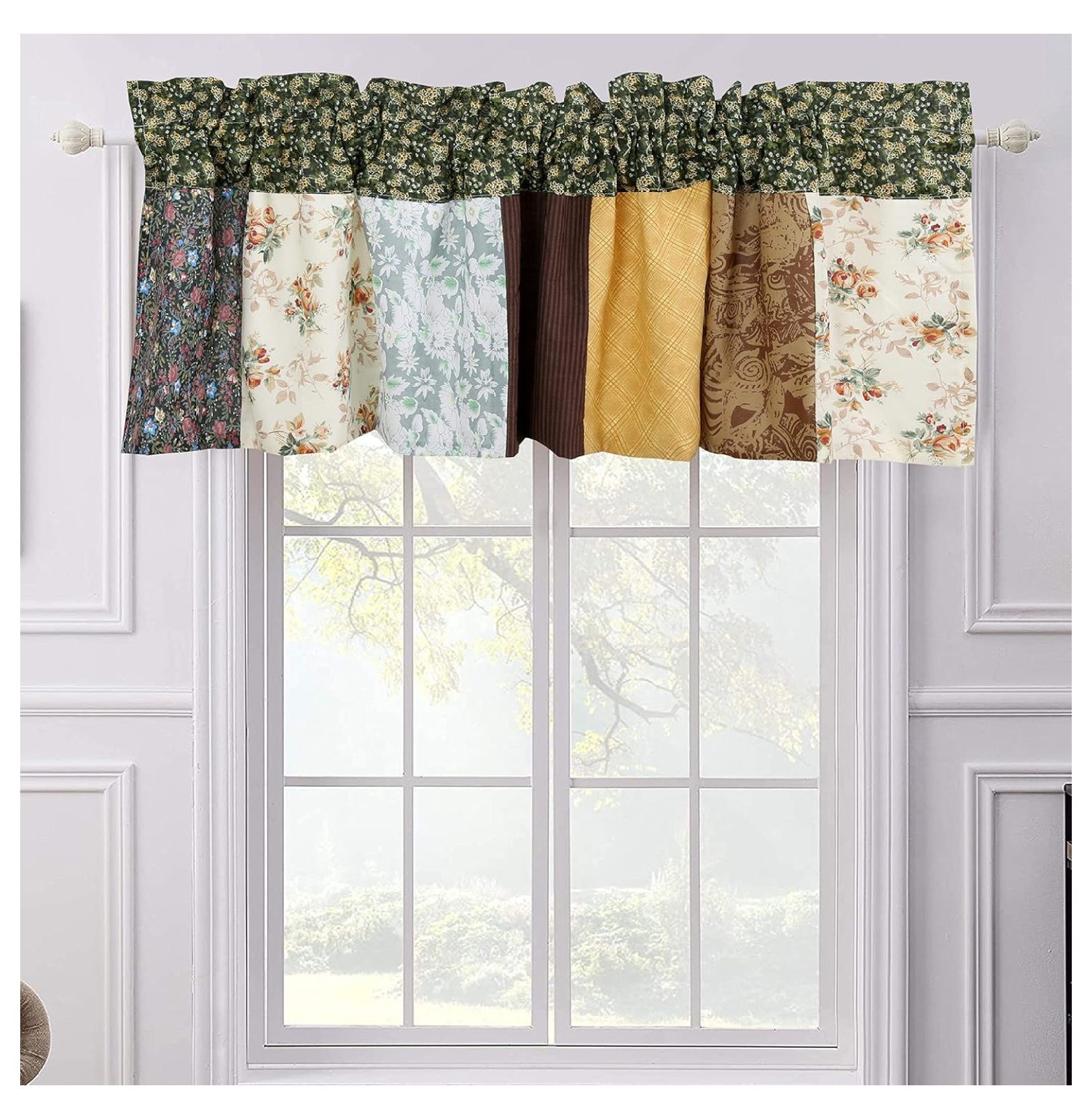 Brown Olive Farmhouse Country Patchwork Rod Pocket Window Valance, 16 ...