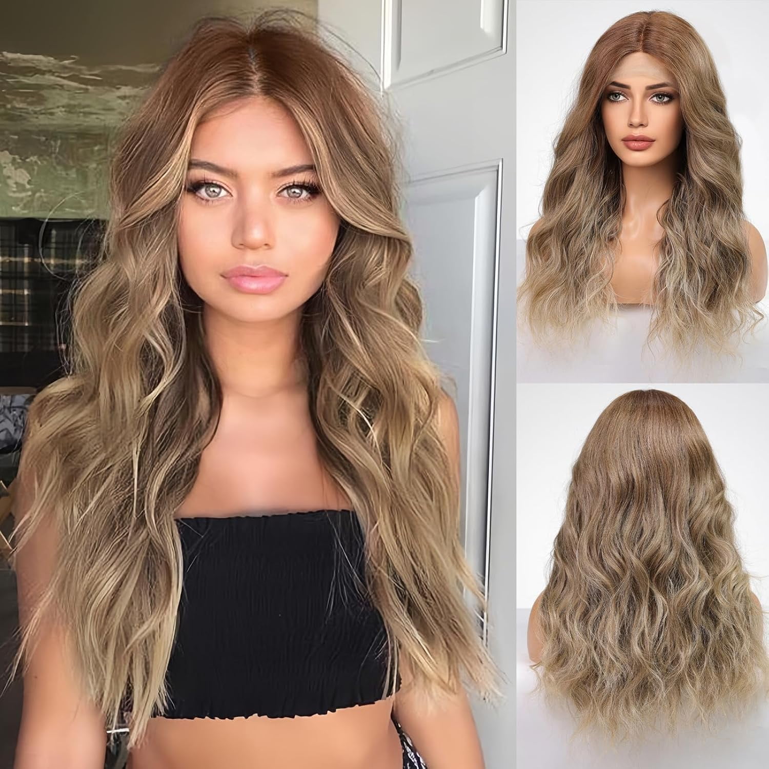 Brown Ombre Gray Lace Front Wig Shoulder Curly Layered Synthetic Wig ...