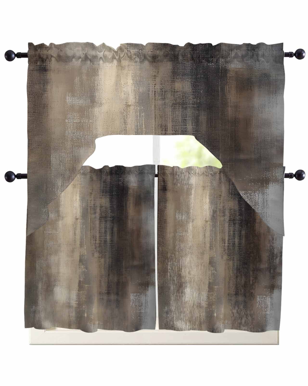 Brown Ombre Kitchen Curtain and Valance Set 3 Pieces, Rod Pocket Short ...
