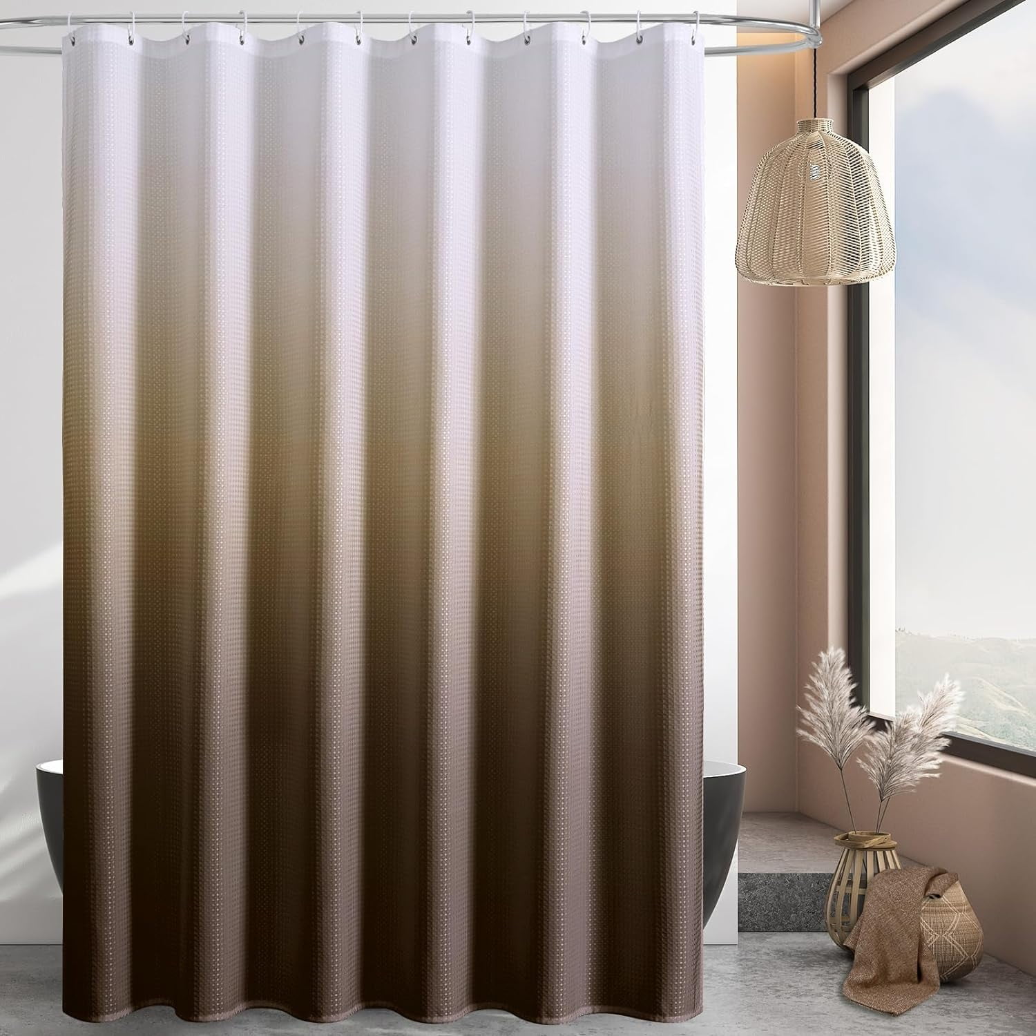 Brown Ombre Shower Curtain 72 x 78, Long Waffle Fabric Shower Curtains for Modern Luxury ...