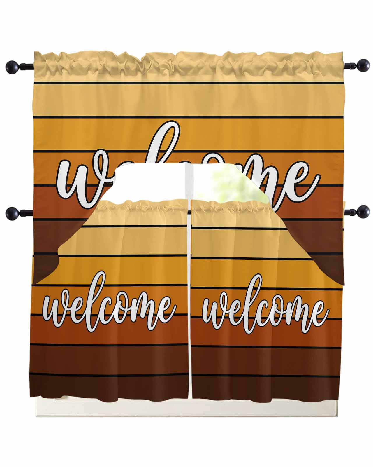 Brown Ombre Wooden Plank Kitchen Curtains Set for Windows 3 Piece Cafe ...