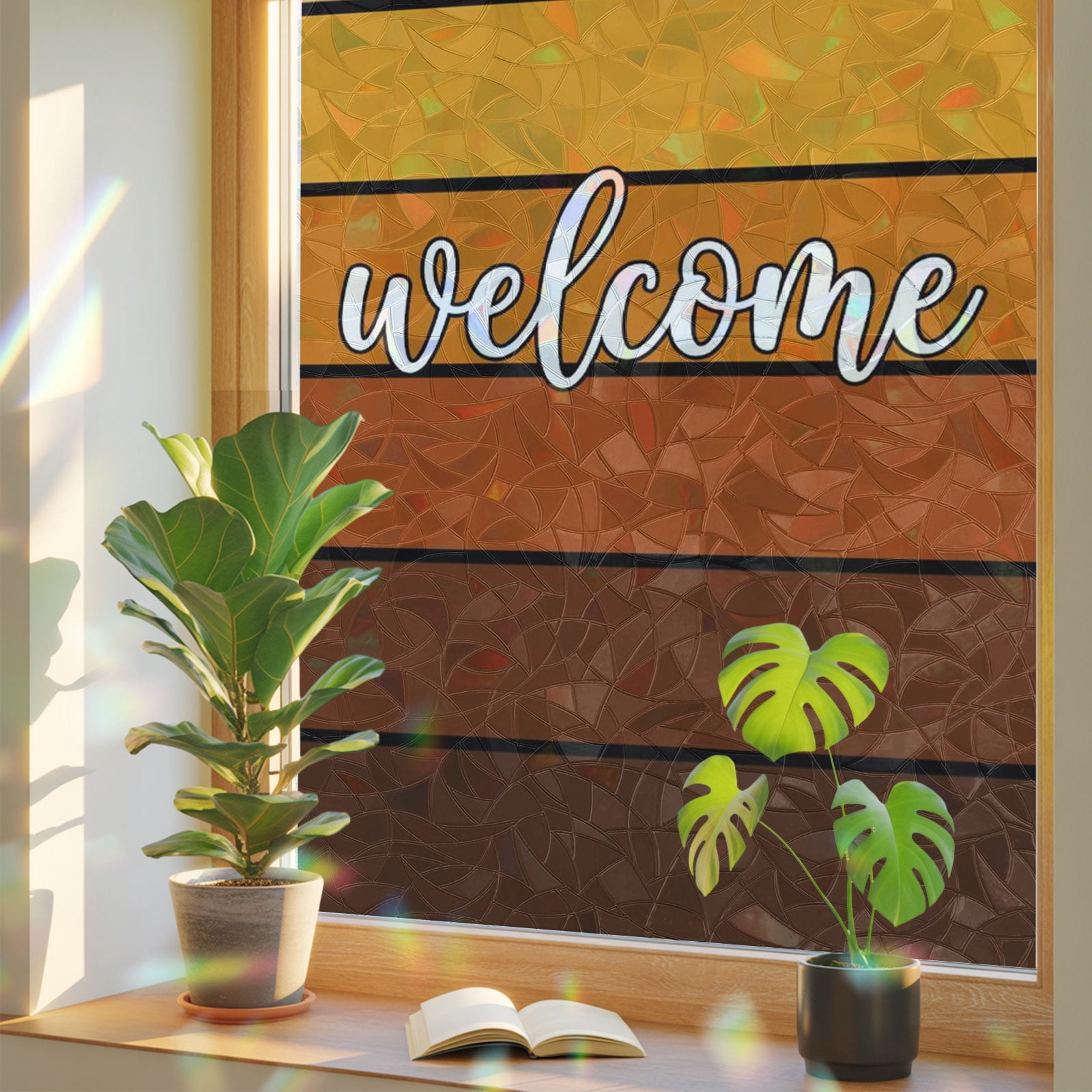 Brown Ombre Wooden Plank Window Privacy Film Rainbow Static Cling Stain ...