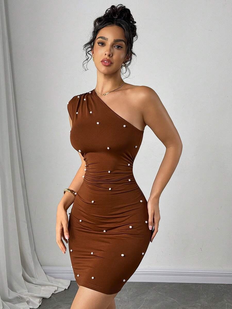 Brown One Shoulder Ruched Bodycon Mini Dress With Faux Pearl ...