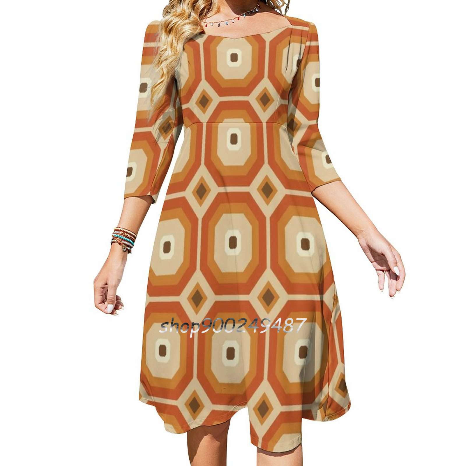 Brown Orange And Ivory Geometric Retro Octagon Pattern Square Neck ...