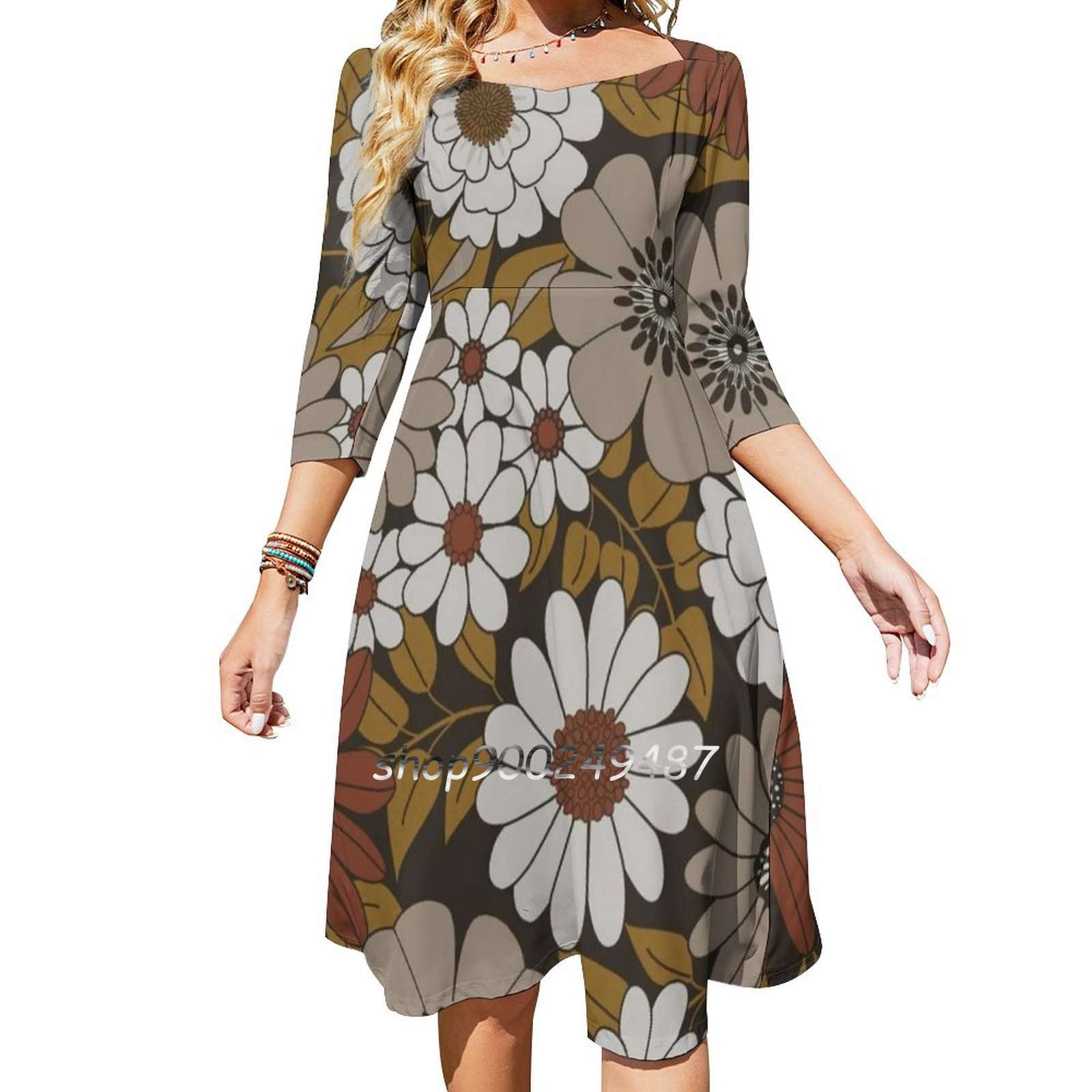 Brown Orange And Ivory Retro Flower Pattern Sweet Elegant Dress Women ...