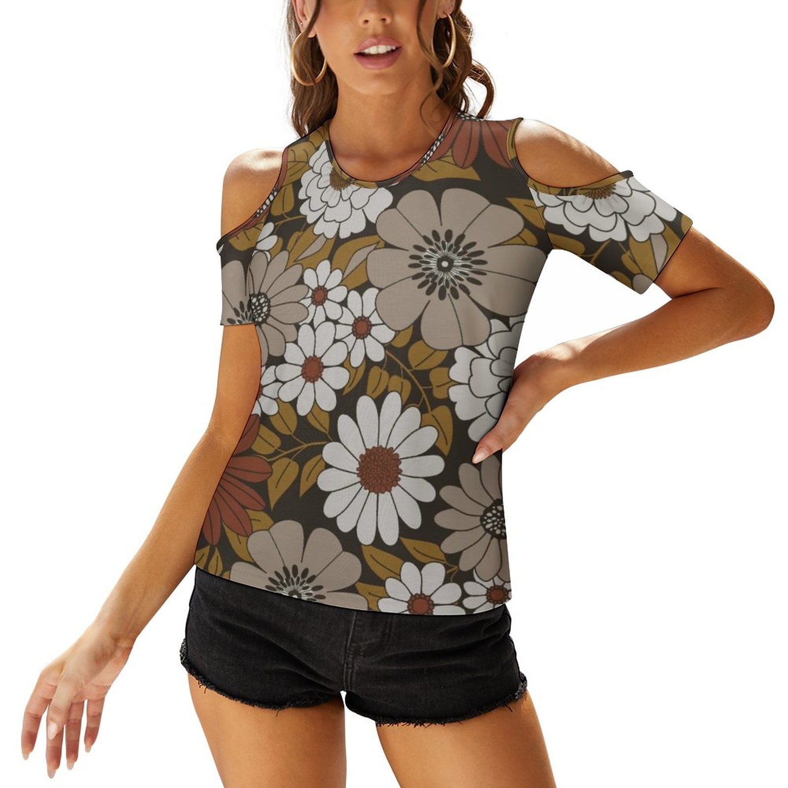 Brown Orange And Ivory Retro Flower Pattern Women Zipper Sexy Printed ...