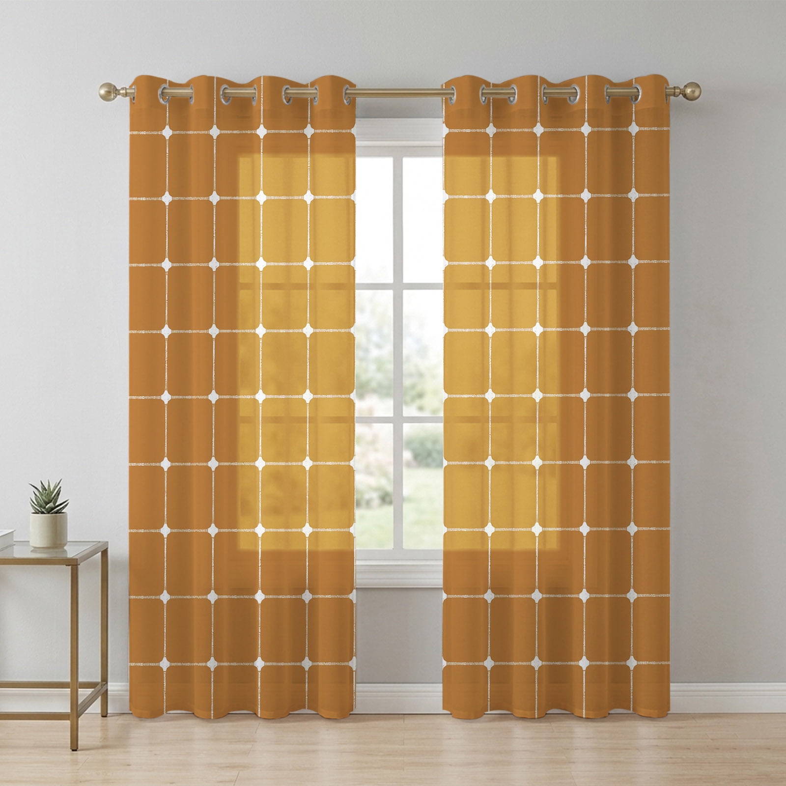 Brown Orange Checkered Sheer Curtains 63 Inch Long 2 Panels, Modern ...