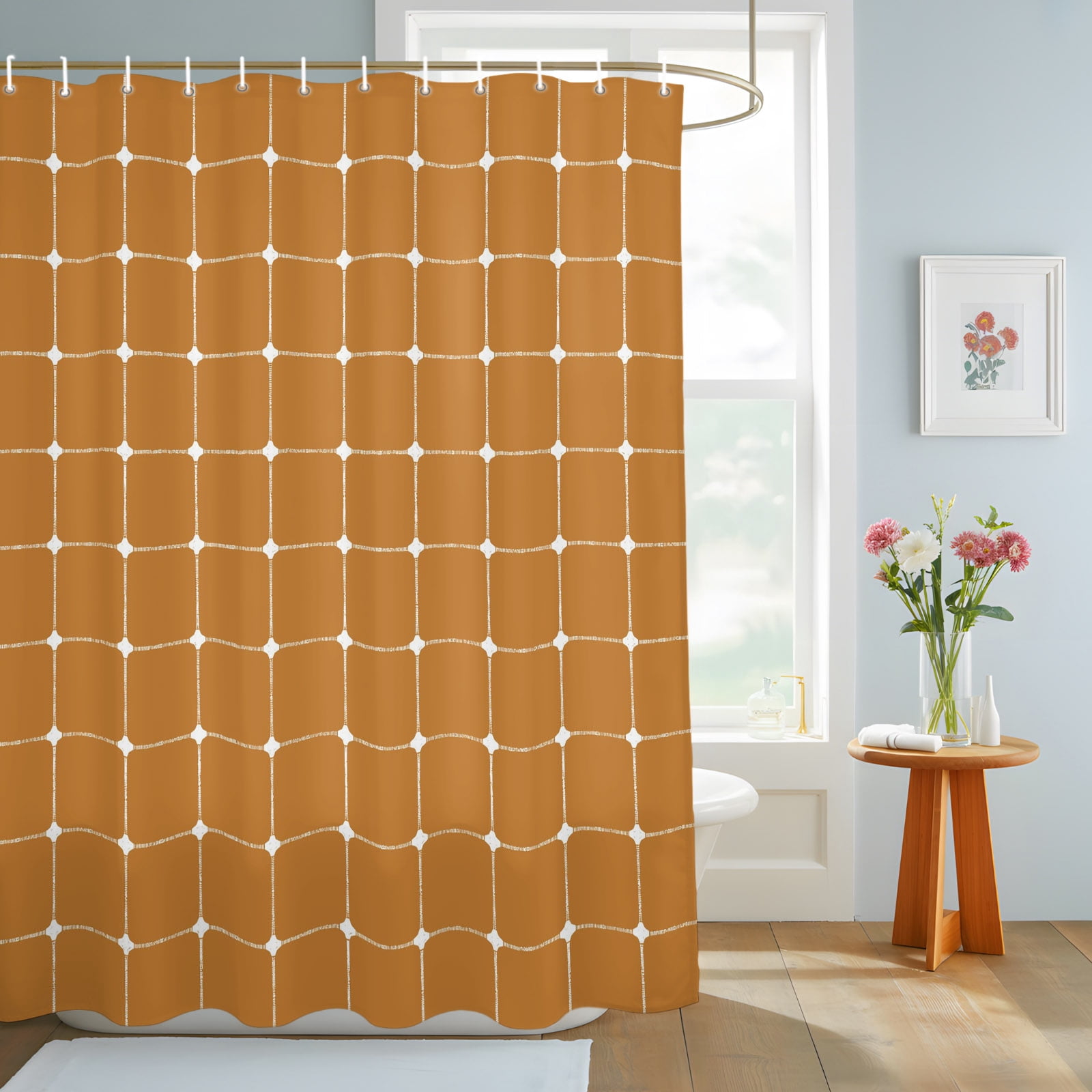 Brown Orange Checkered Shower Curtain, Modern Minimalist Geometric Grid ...