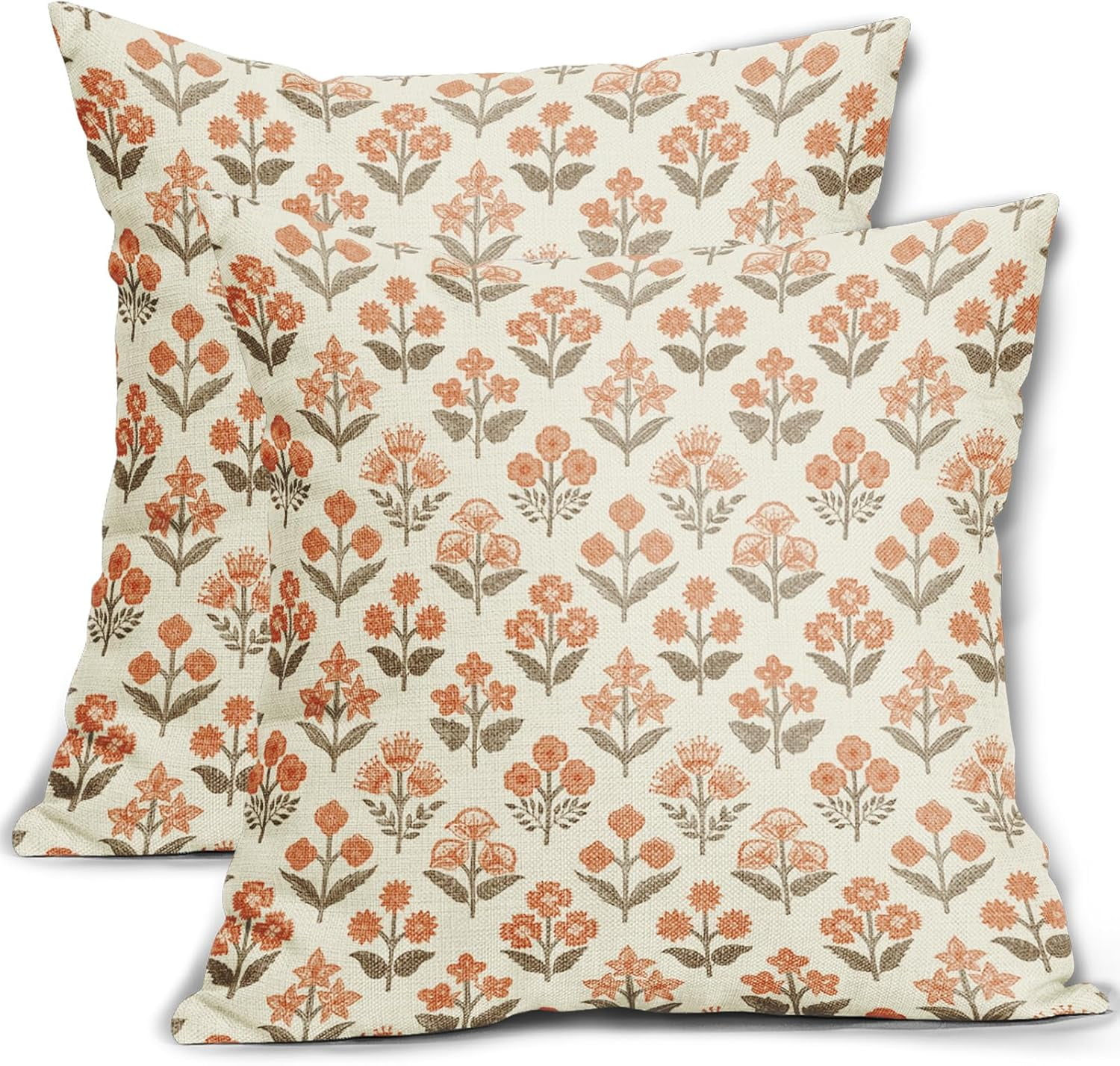 Brown Orange Floral Block Print Pillow Covers 20x20 Inch Set of 2 ...