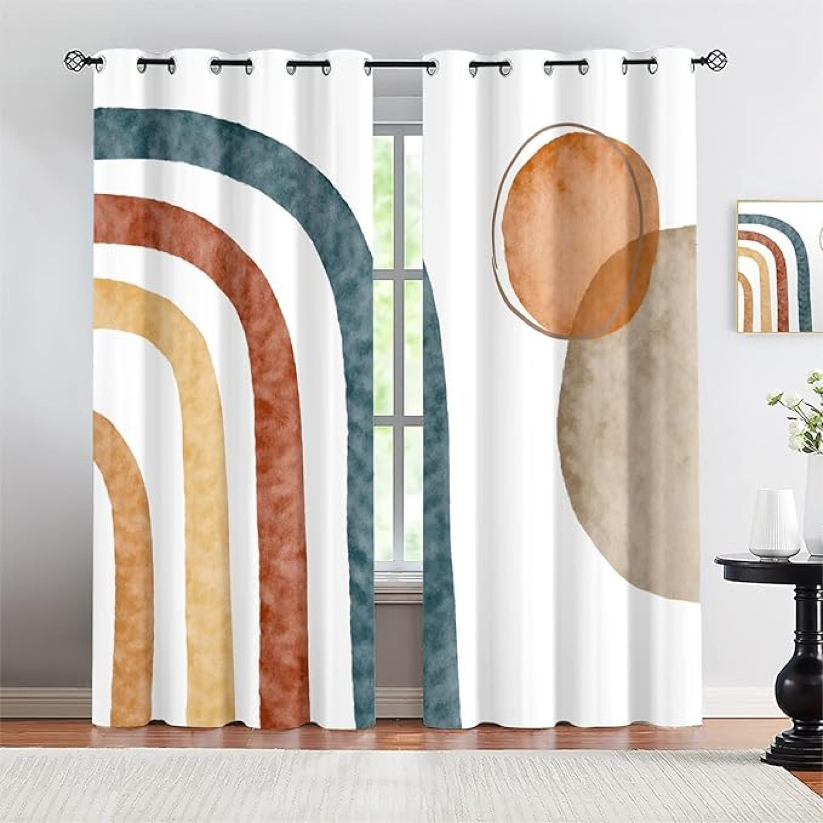 Brown Orange Geometric Color Block Blackout Curtains, Watercolor ...