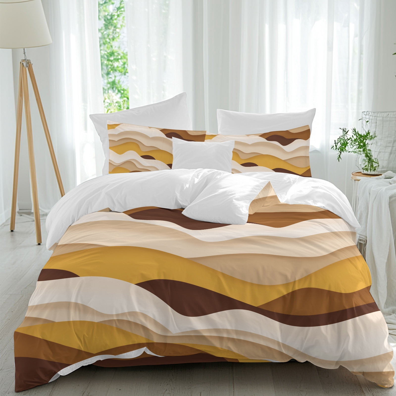 Brown Orange Gradient Waves Queen Size Bed Set,Ocean Spray Bedding for ...