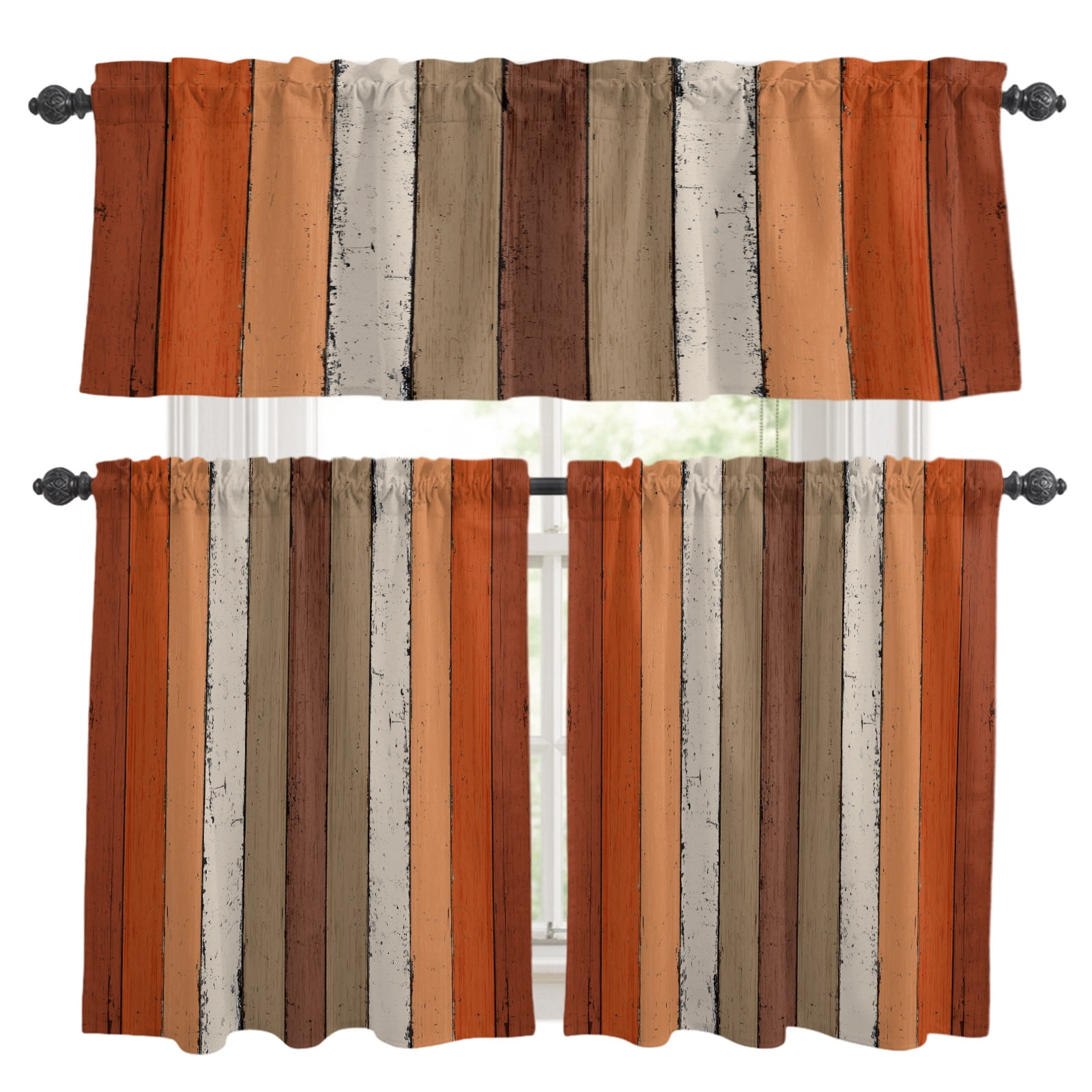 Brown Orange Striped Kitchen Curtains and Valances Set, Modern Vintage ...