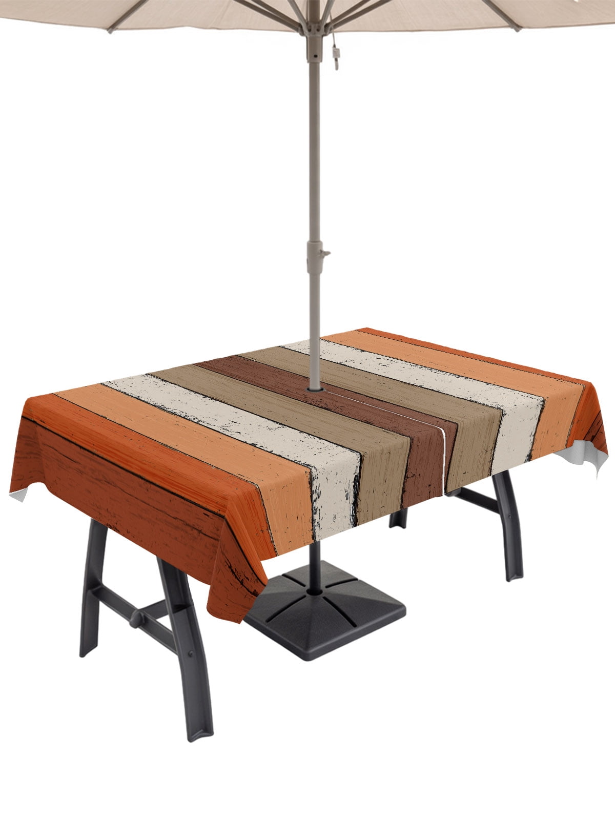 Brown Orange Striped Rectangle Outdoor Tablecloth with Umbrella Hole ...