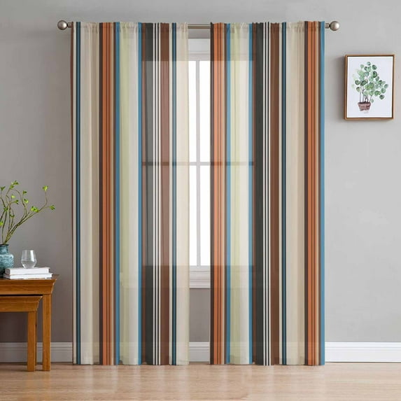 Brown Orange Striped Sheer Curtains 84 Inches Long 2 Panels Set, Window ...
