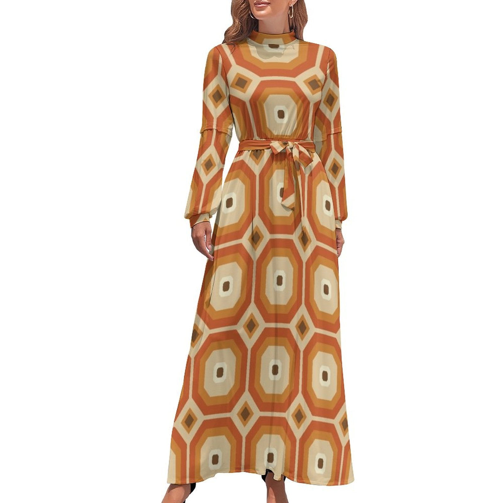 Brown Orange and Ivory Geometric Retro Octagon Pattern Long Dress ...