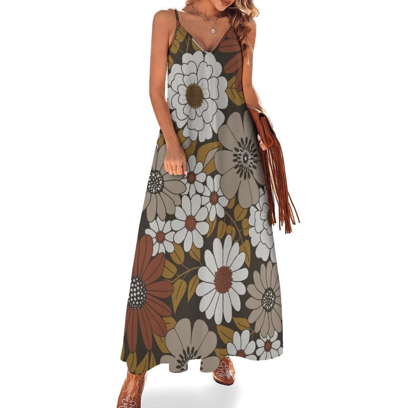 Brown Orange and Ivory Retro Flower Pattern Sleeveless Dress elegant chic women dresses ...