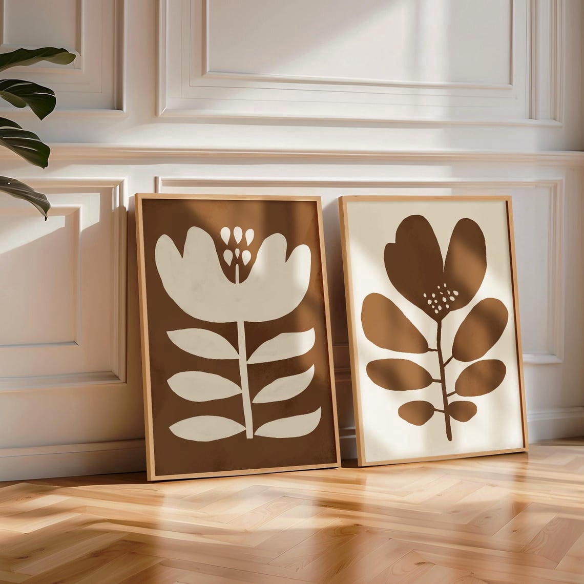 Brown Organic Abstract Brown Wall Art Neutral Flower Beige Set 2 ...