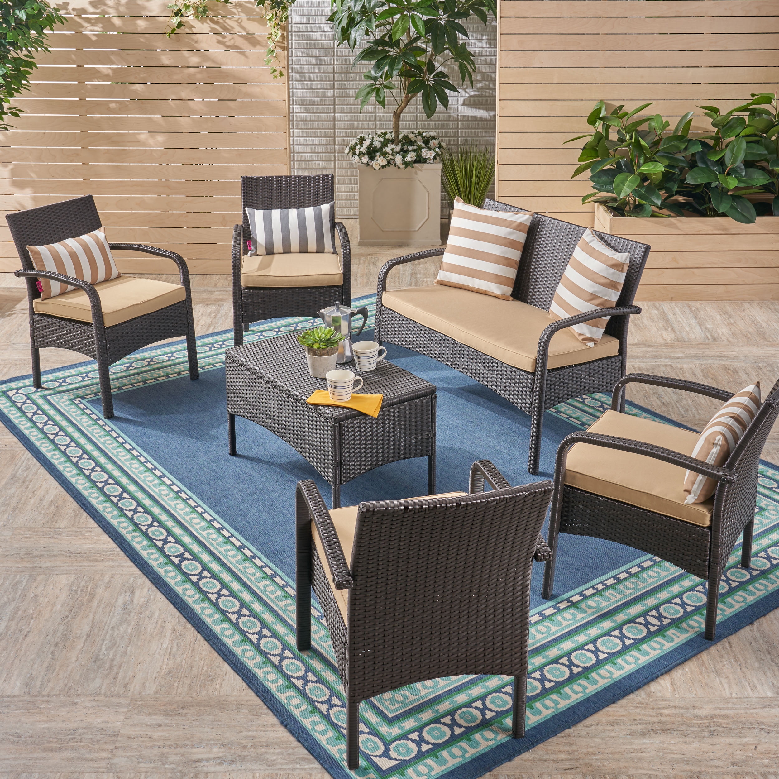Brown Outdoor 6 Piece Wicker Conversation Set with Cushions, Brown, Tan ...