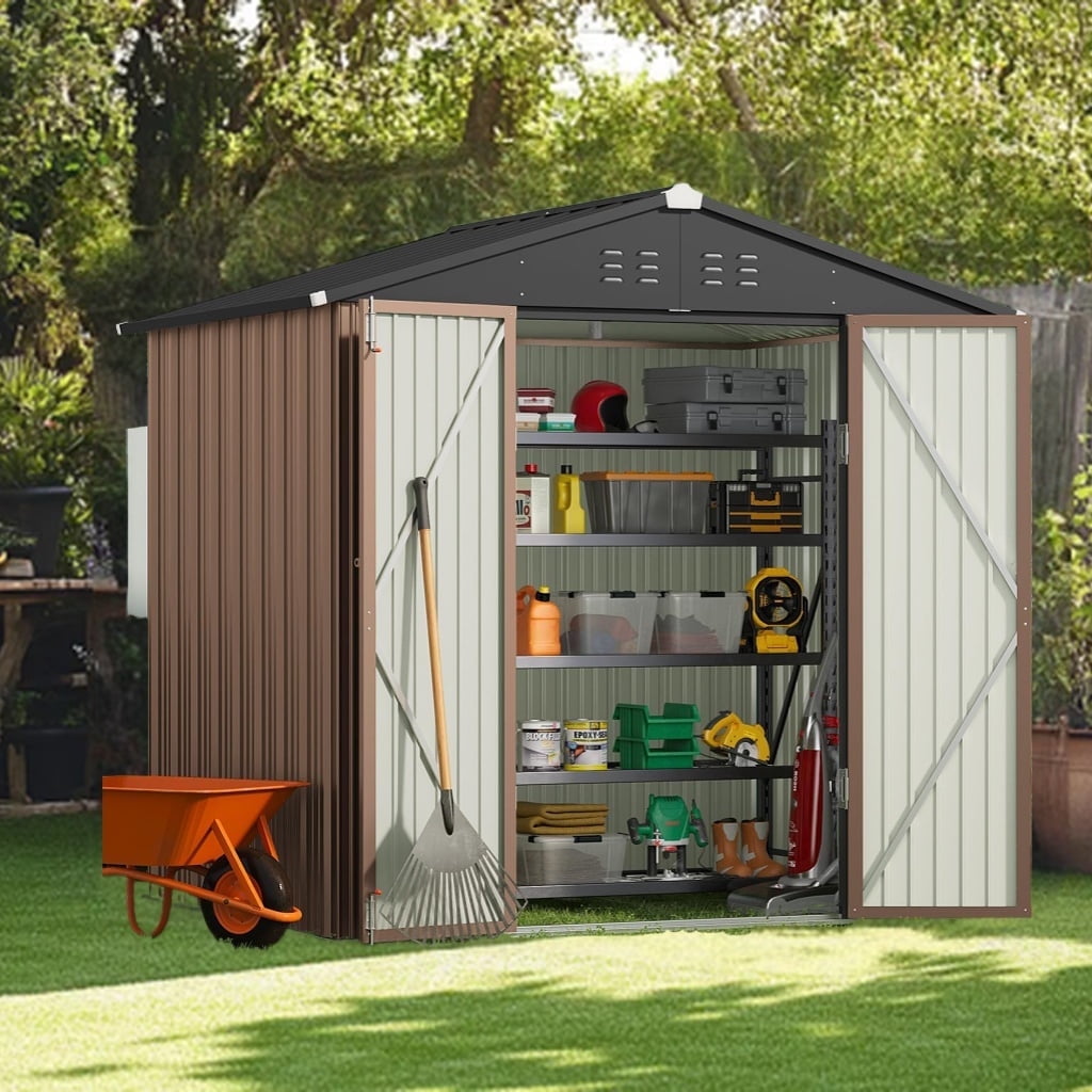 Brown Outdoor Storage Shed, Asofer 8x6ft Shed w/Locking Entry ...