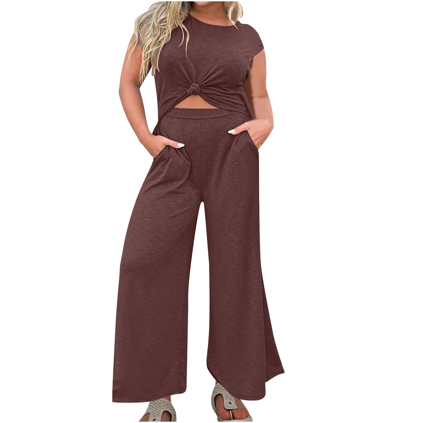 Brown Overalls for Women Brunch Flared Wide Leg Hide Belly Fat Plain ...