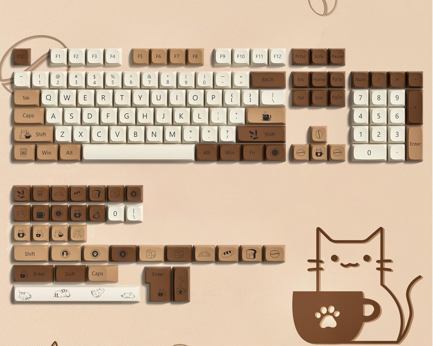 Brown PBT Keycaps 140 XDA Profile Cute Key caps Dye-Sublimation Coffee ...