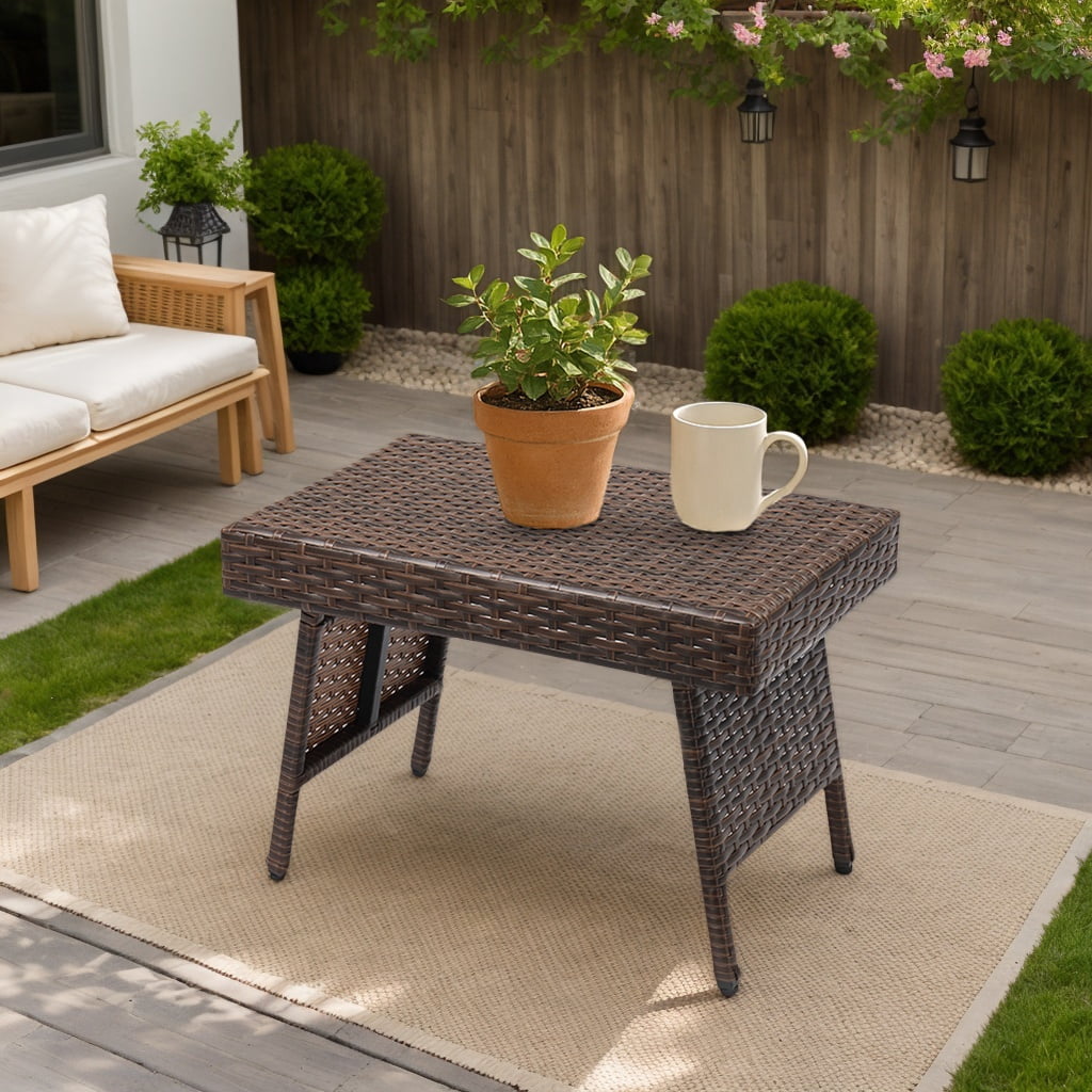 Brown PE Rattan Outdoor Folding Side Table, Steel Frame Patio Coffee ...