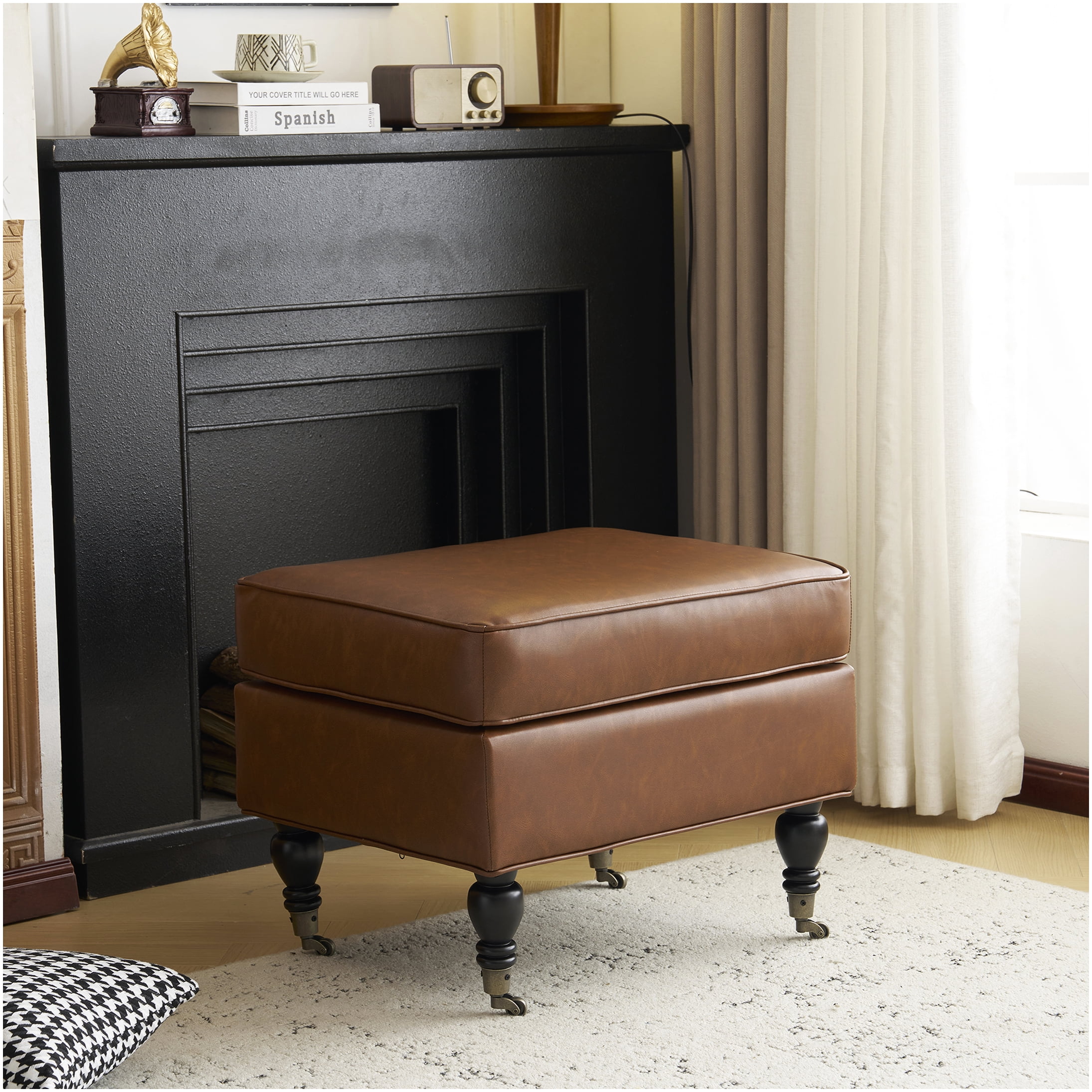 Brown PU Leather Ottoman with Storage, Solid Wood Legs and Casters for ...