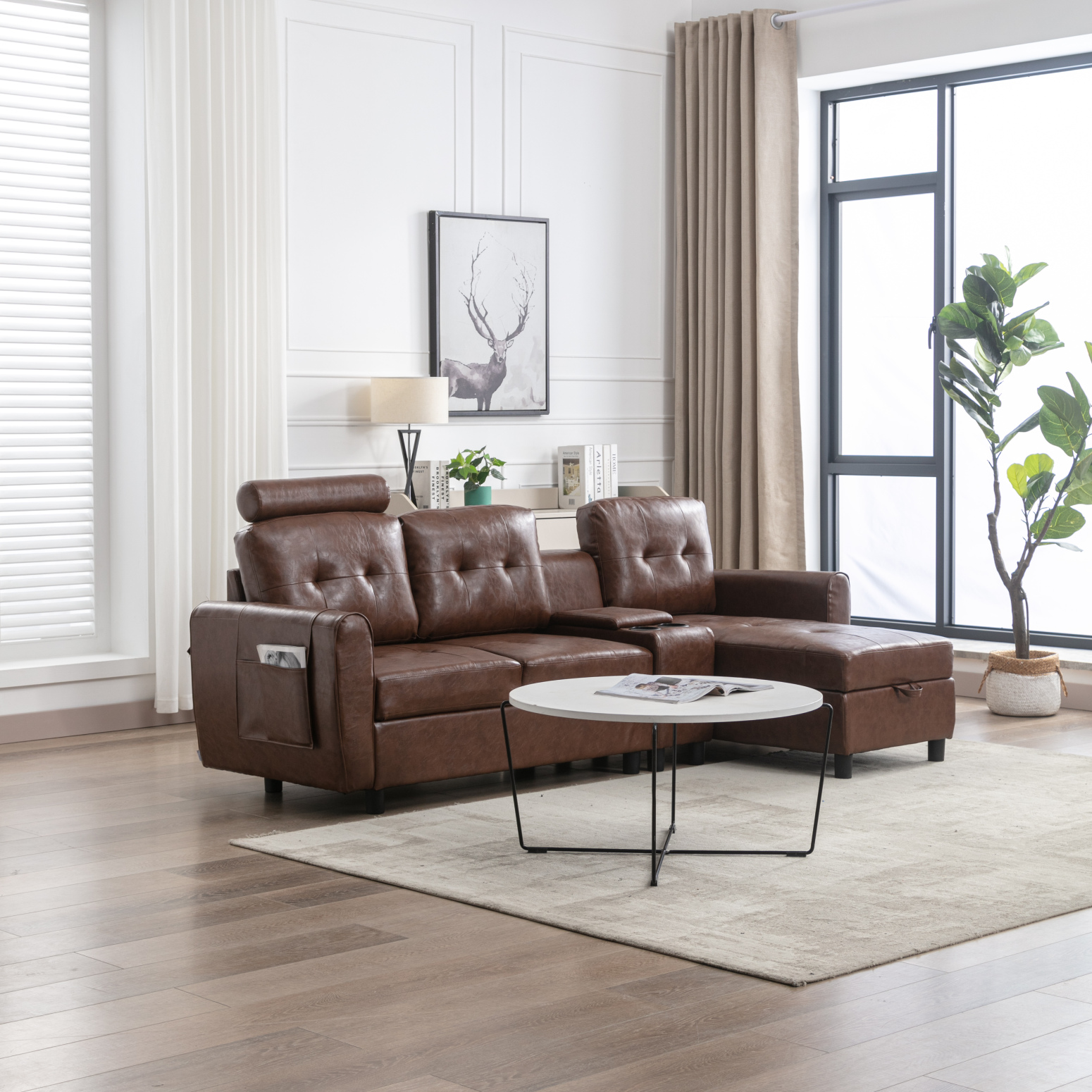 Brown PU Leather Sectional Sofa with Storage - Modern European Living ...