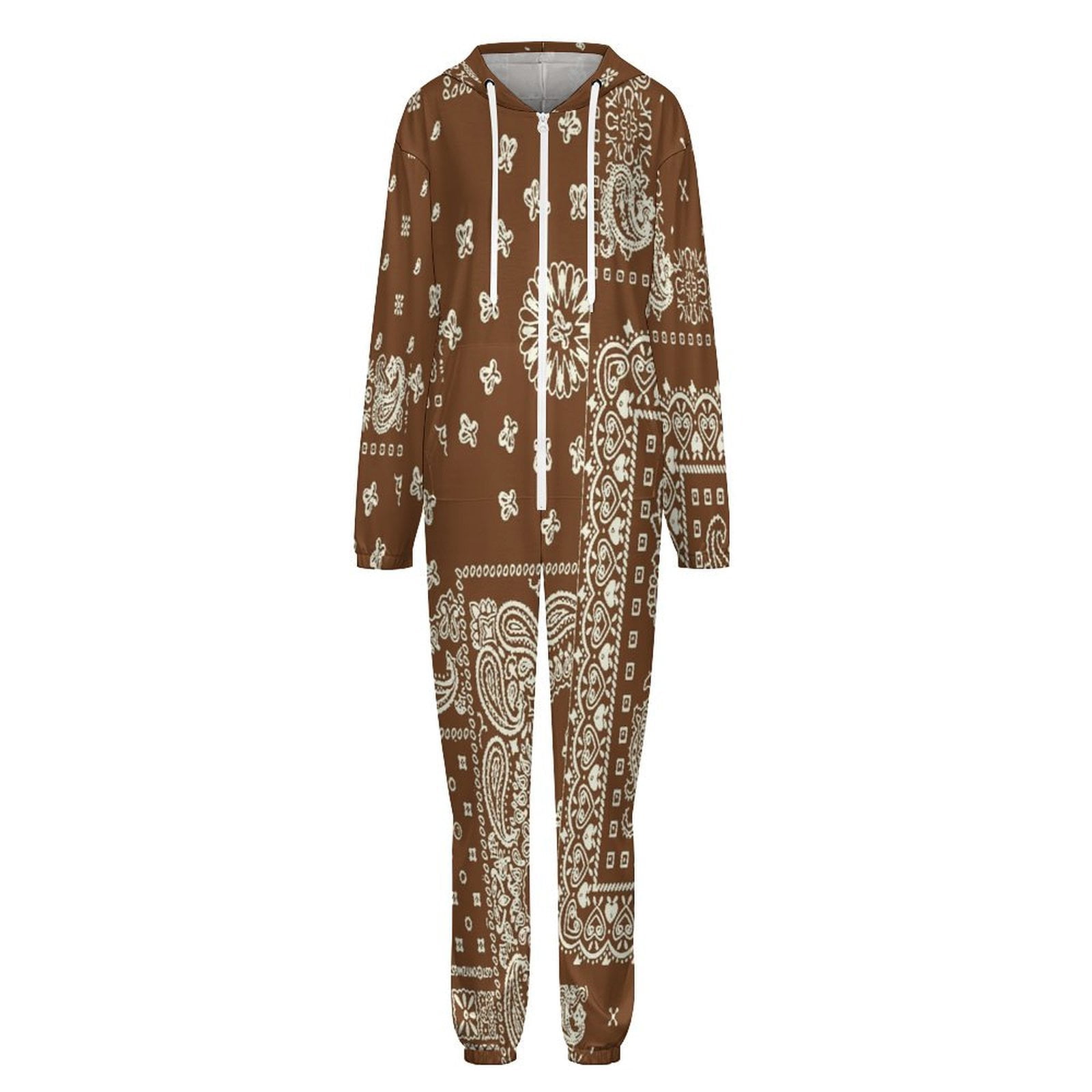 Brown Paisley Bandana Print Unisex Adult Onesie Pajamas with Pockets ...