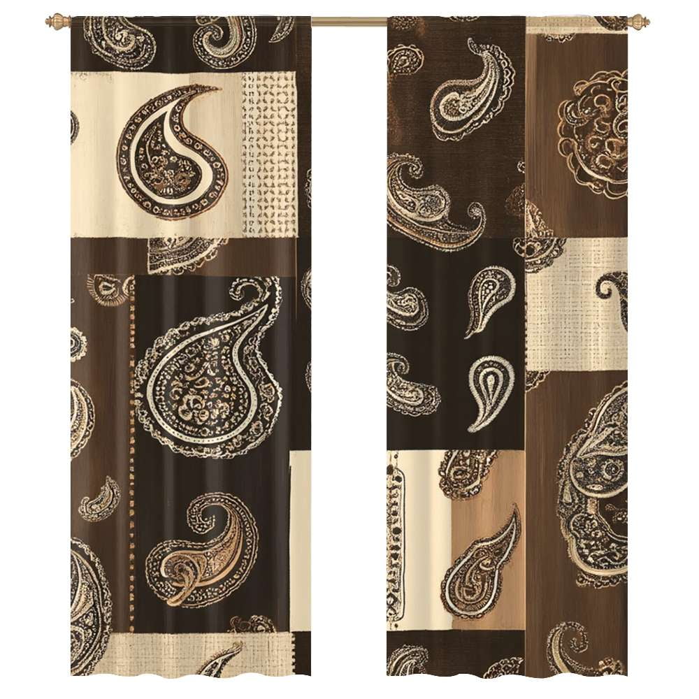 Brown Paisley Patchwork Design Sheer Window Curtains for Living Room ...