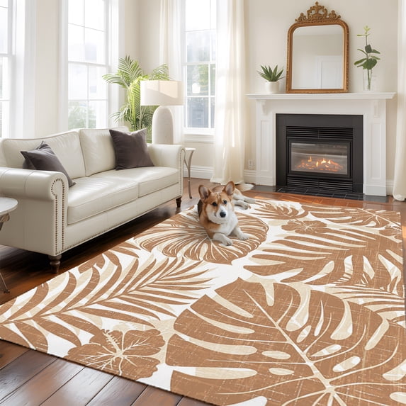 Brown Palm Leaves Washable Area Rug 6x9 Tropical Botanical Minimalist ...