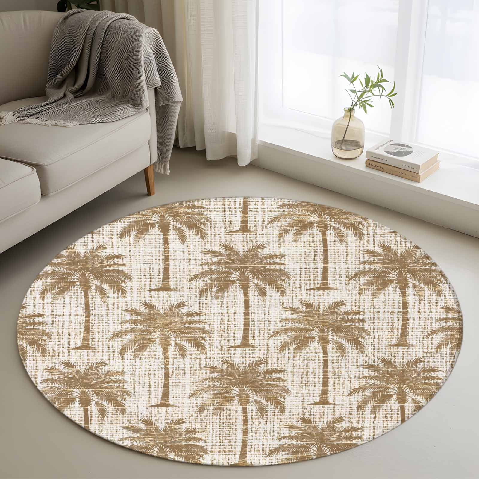 Brown Palm Tree 3FT Round Area Rugs Country Linen Texture Tropical ...