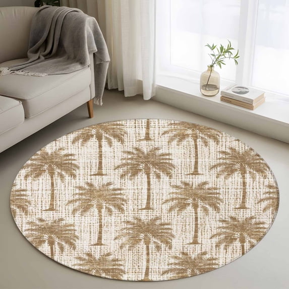 Brown Palm Tree 3FT Round Area Rugs Country Linen Texture Tropical ...