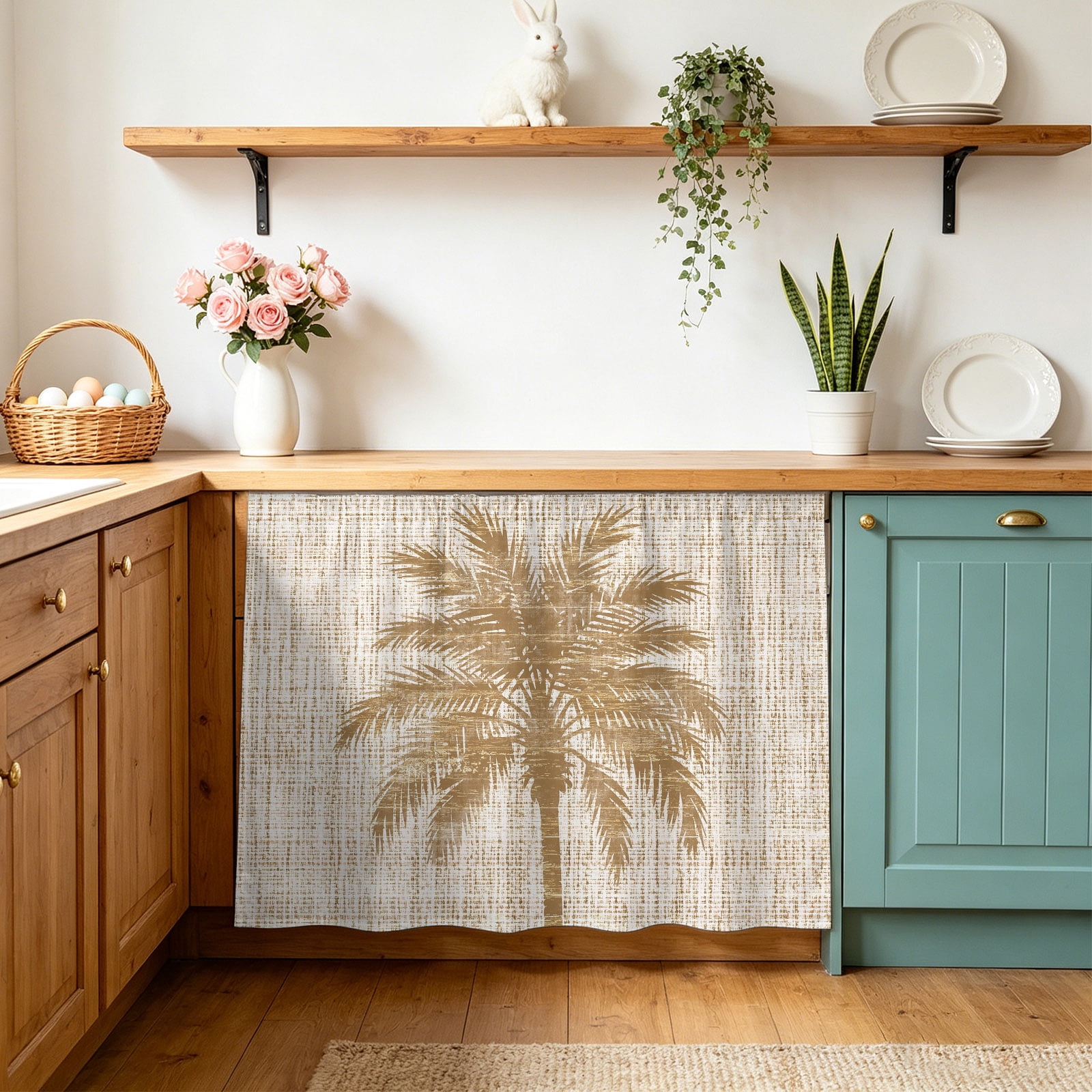 Brown Palm Tree Cabinet Curtains 28" W x 35" L Country Linen Texture ...