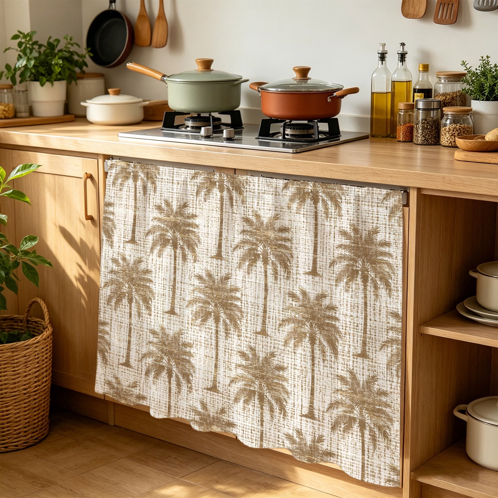 Brown Palm Tree Cabinet Curtains 35" W x 35" L, Country Linen Texture ...