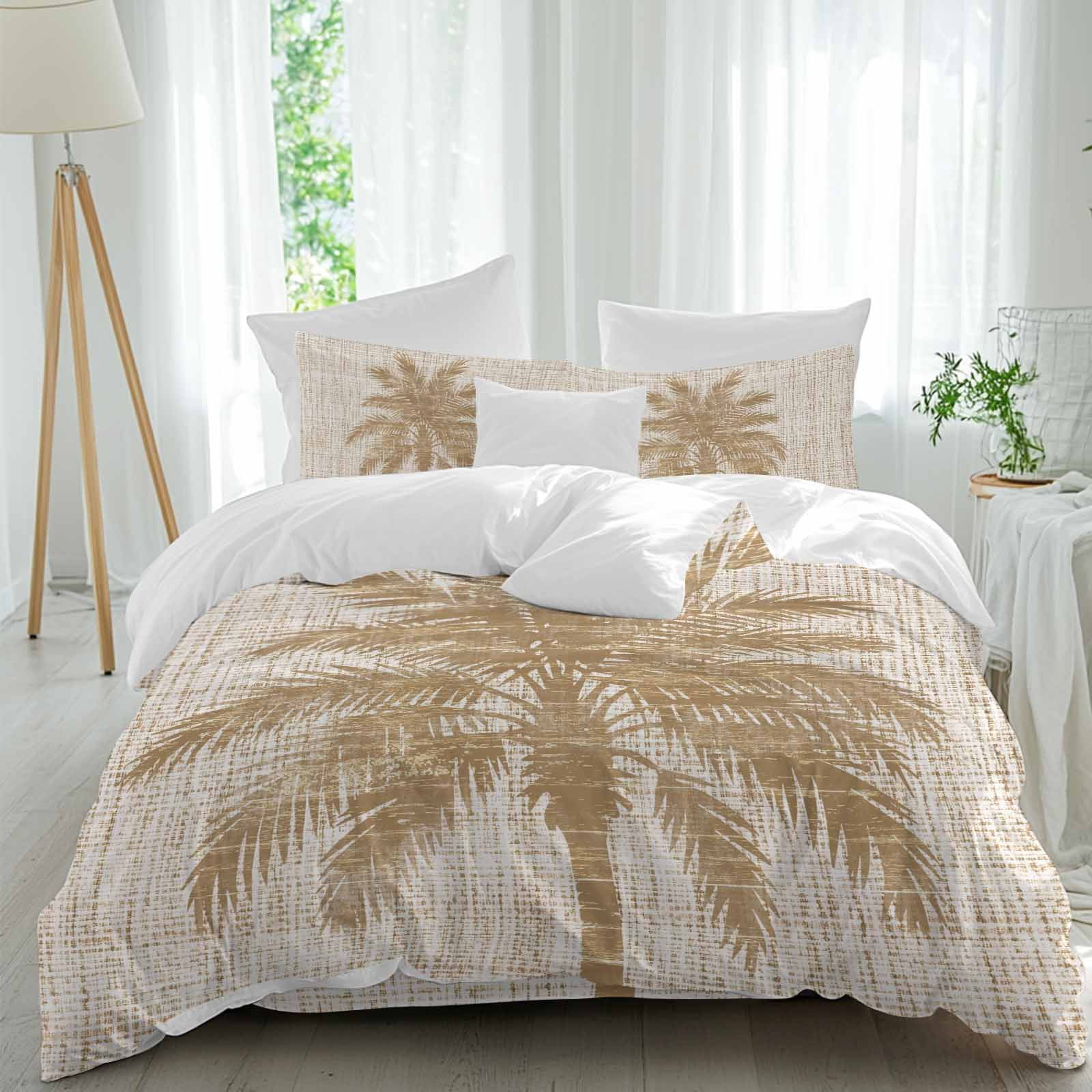 Brown Palm Tree Full Duvet Cover Set, Country Linen Texture Tropical ...